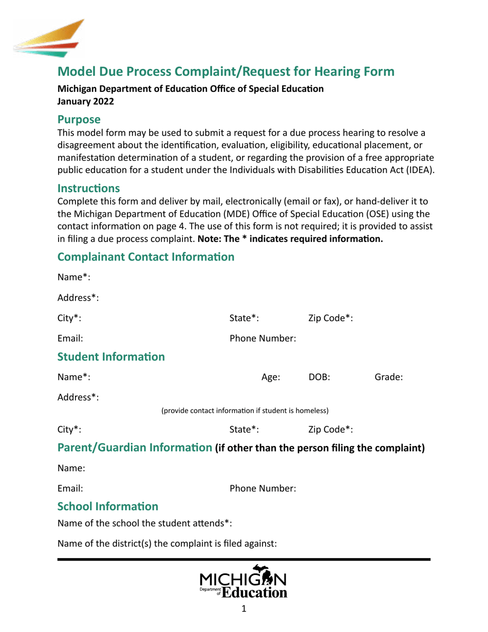 Michigan Model Due Process Complaint/Request for Hearing Form - Fill ...