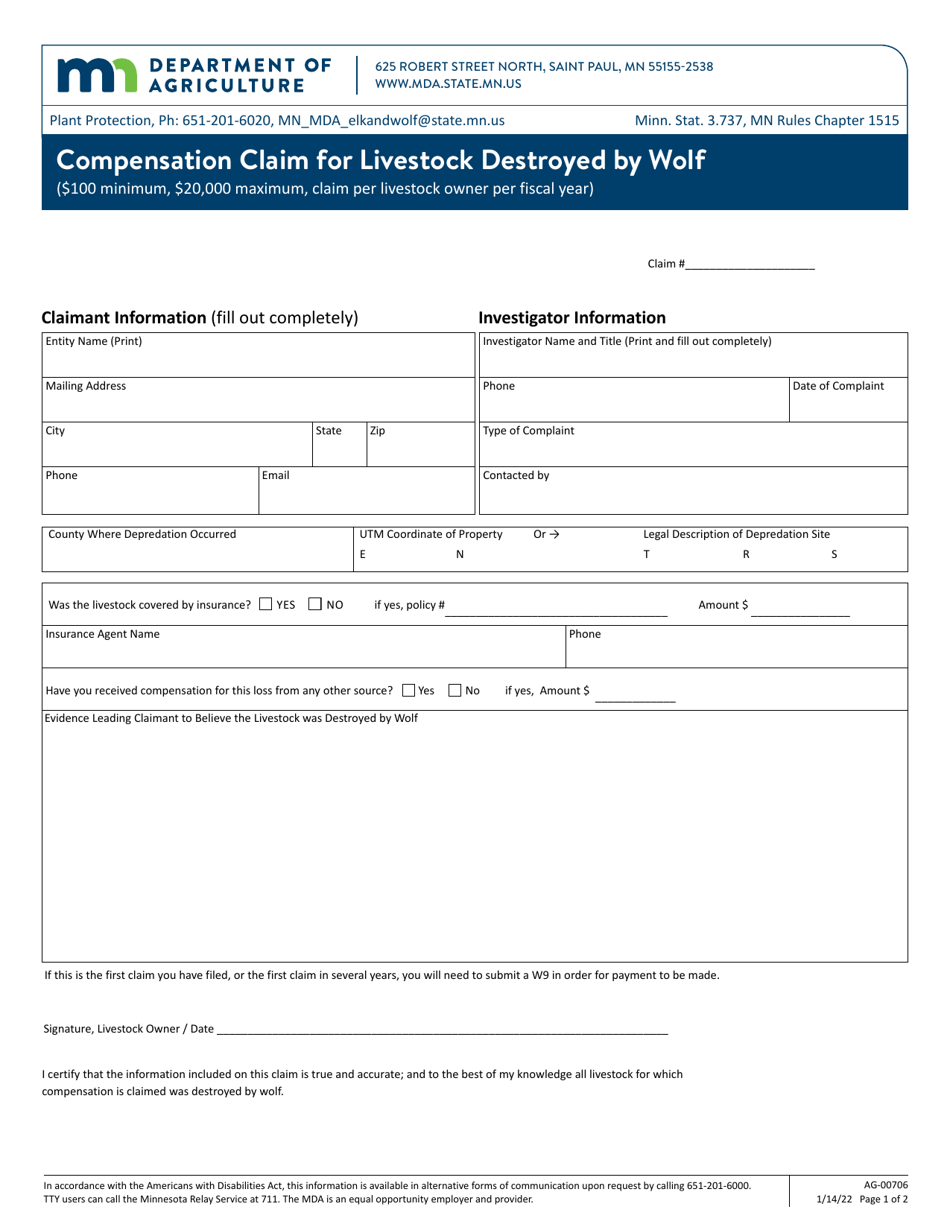 Form AG-00706 - Fill Out, Sign Online and Download Fillable PDF ...