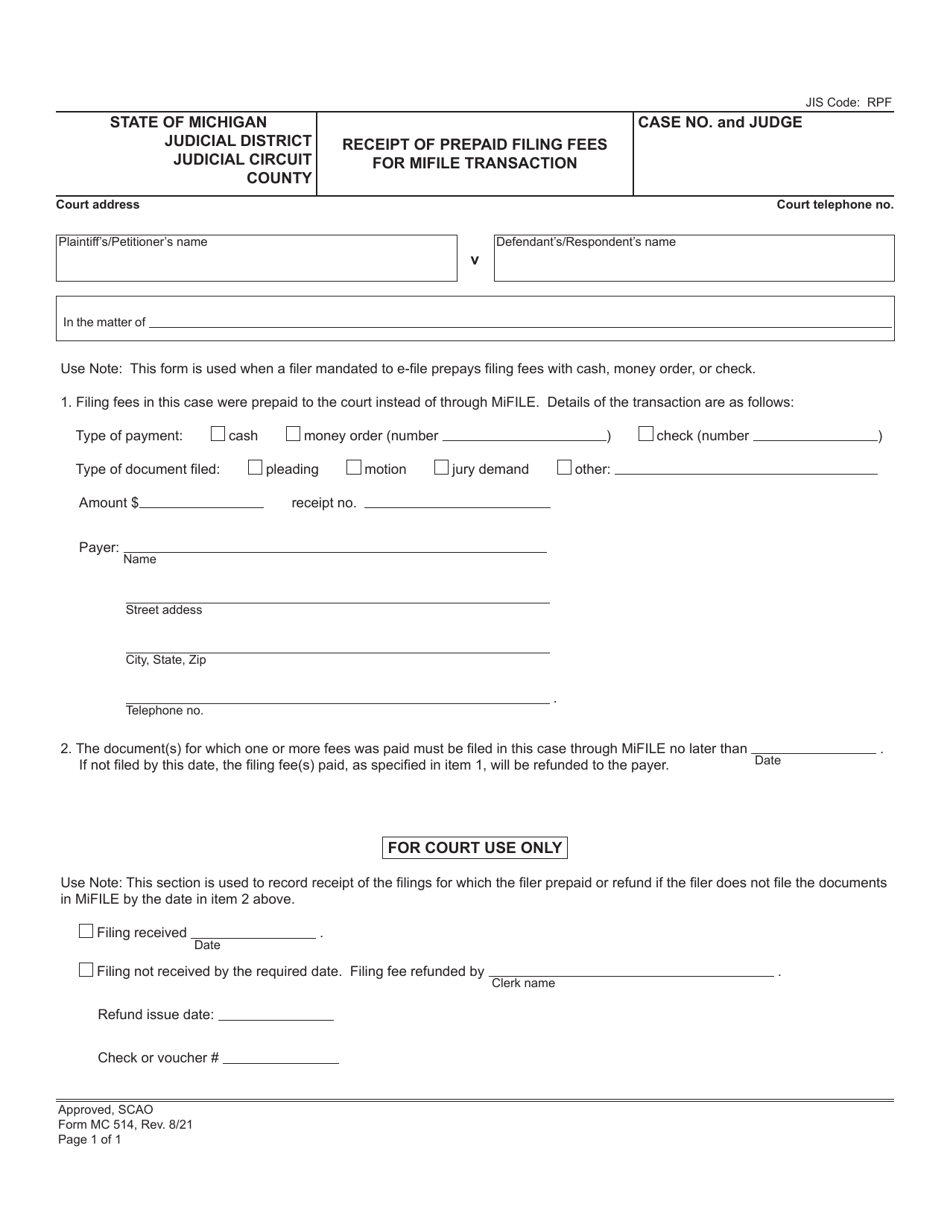 Form MC514 - Fill Out, Sign Online and Download Fillable PDF, Michigan ...