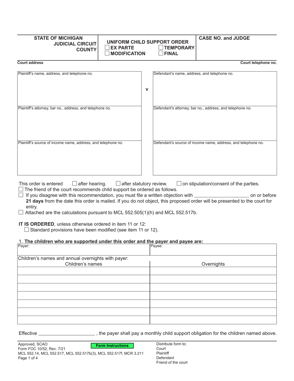 Form FOC10/52 Download Fillable PDF or Fill Online Uniform Child ...