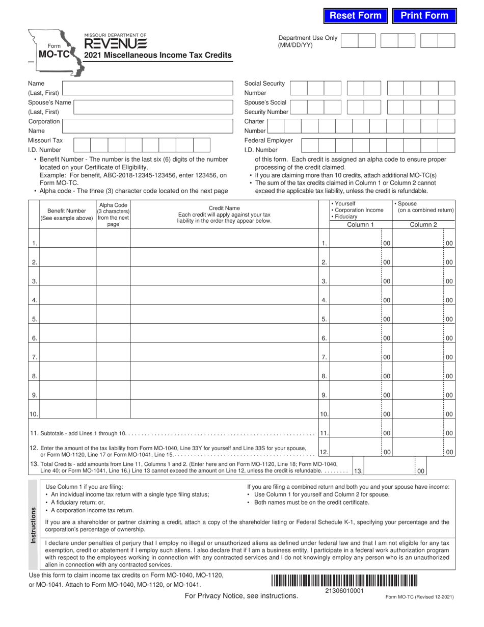 Form MO-TC - 2021 - Fill Out, Sign Online and Download Fillable PDF ...