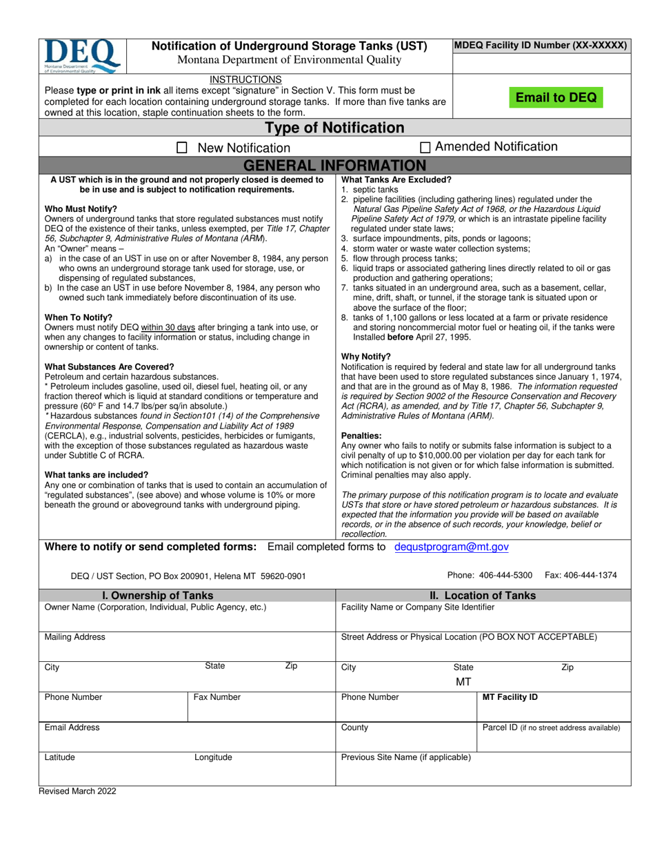 Montana Notification of Underground Storage Tanks (Ust) Download ...