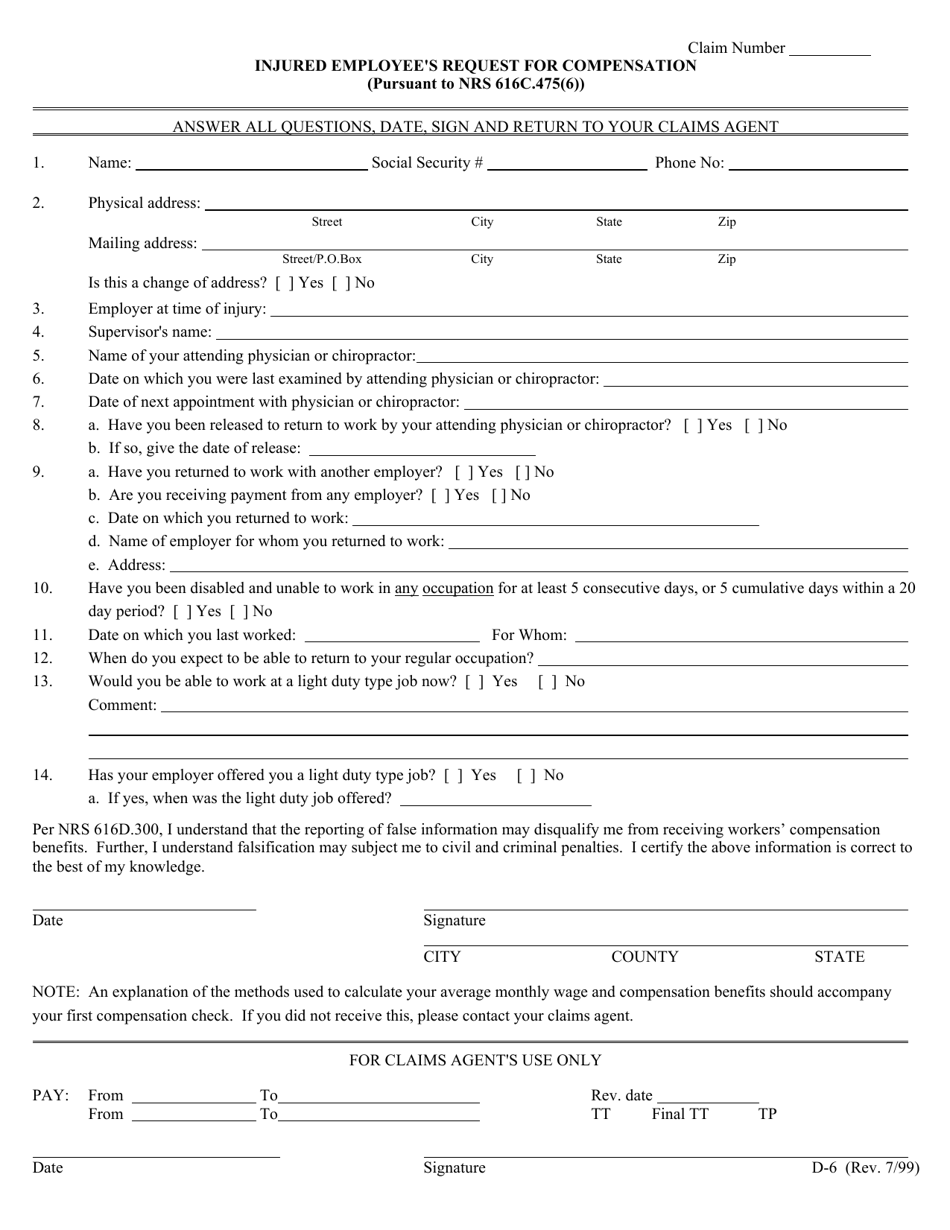 Form D-6 - Fill Out, Sign Online and Download Printable PDF, Nevada ...