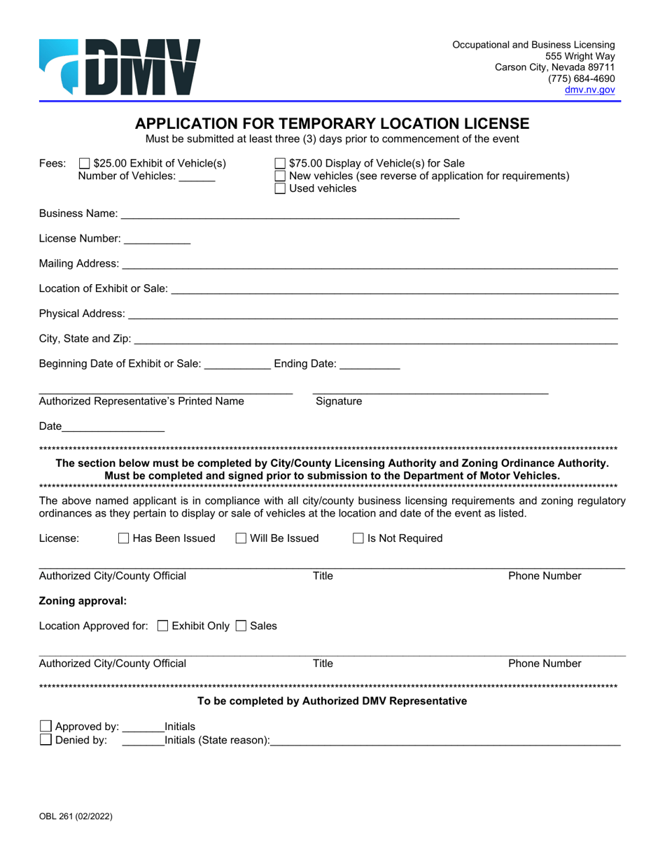 Form OBL261 Download Fillable PDF or Fill Online Application for ...