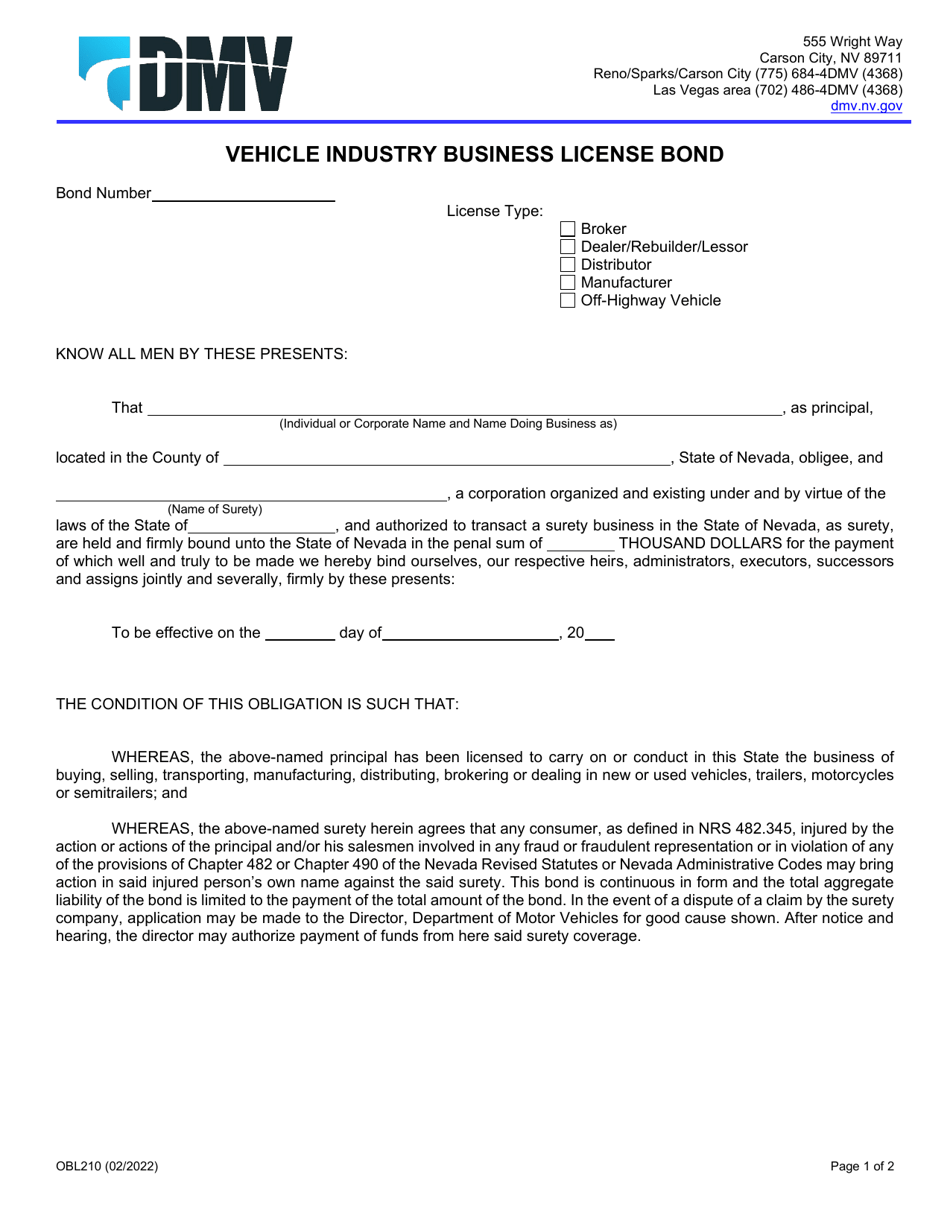 Form OBL210 Download Fillable PDF or Fill Online Vehicle Industry ...