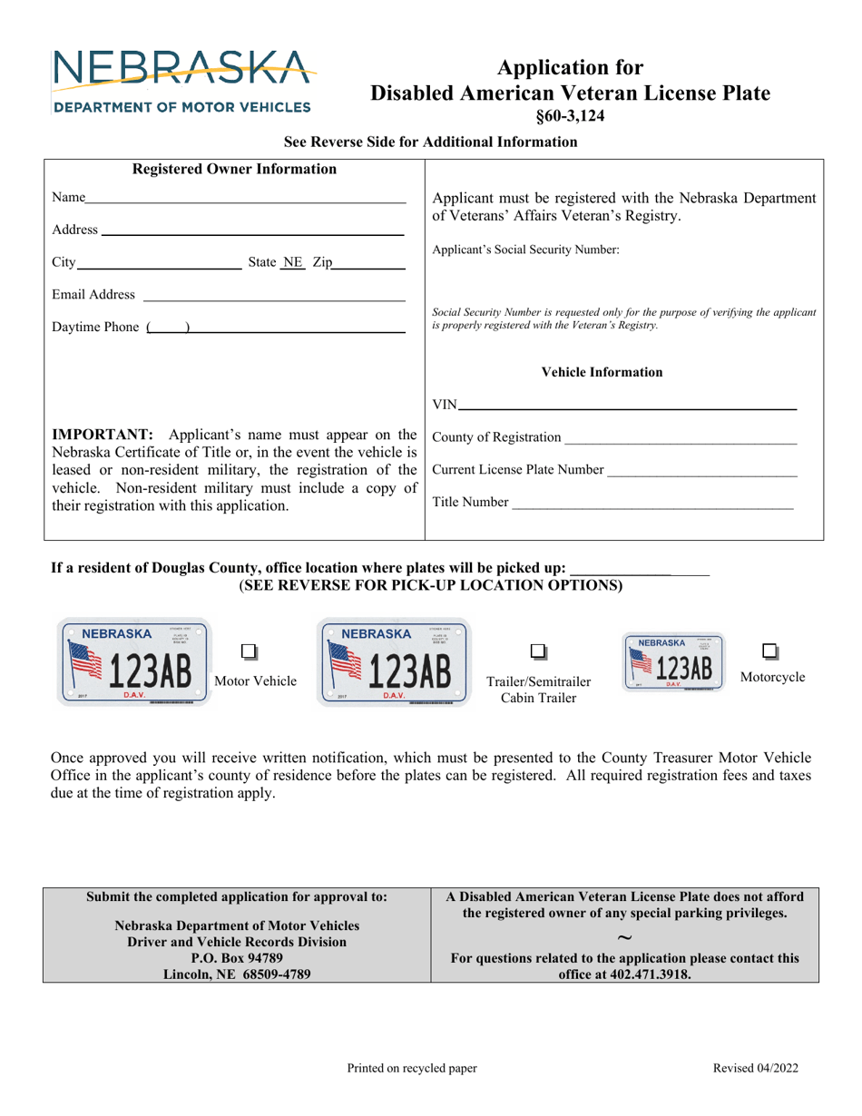 Nebraska Application for Disabled American Veteran License Plate ...