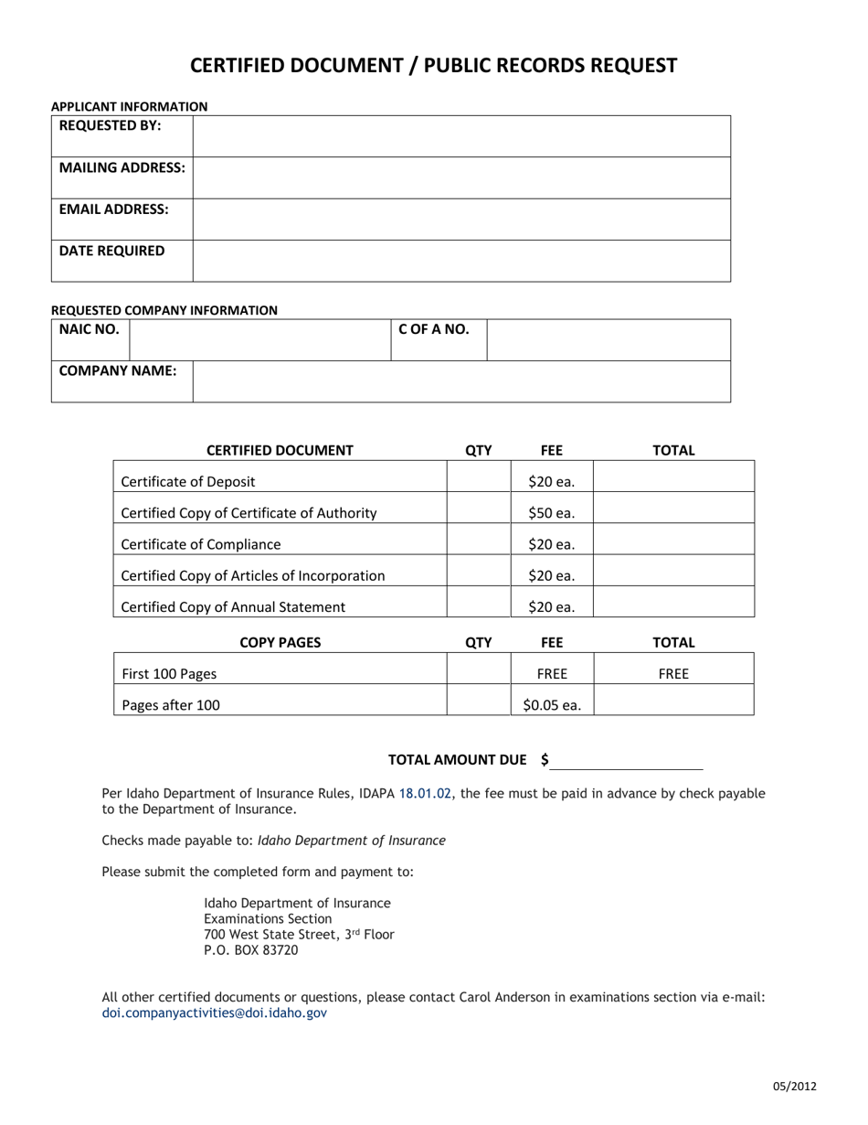 Idaho Certified Document/Public Records Request - Fill Out, Sign Online ...
