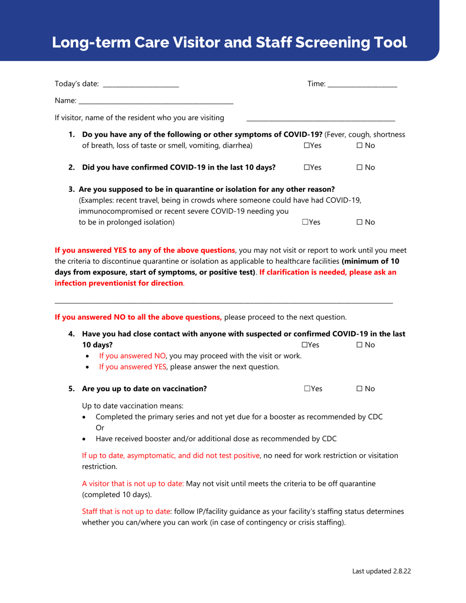 Indiana Long-Term Care Visitor and Staff Screening Tool - Fill Out ...