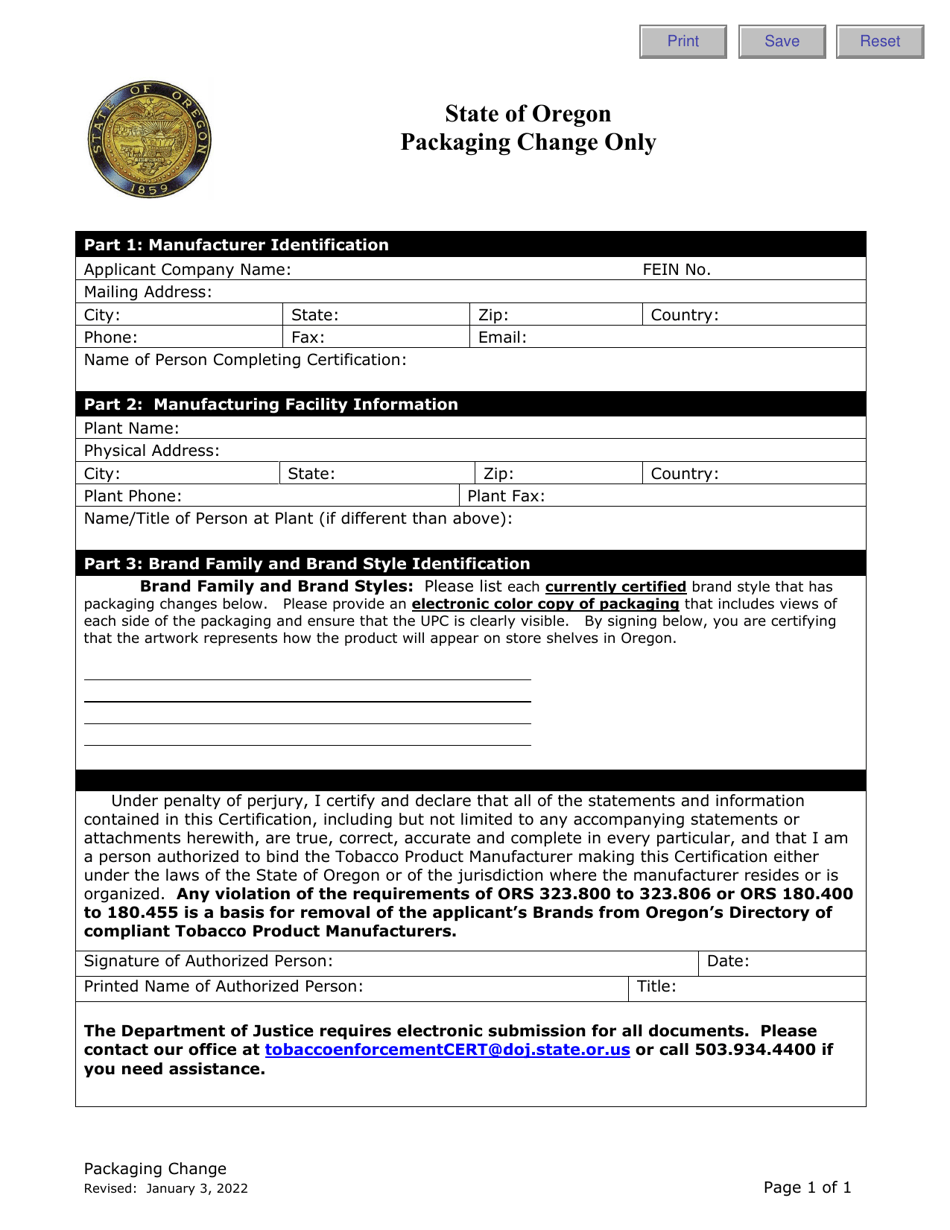 Oregon Packaging Change Only - Fill Out, Sign Online and Download PDF ...