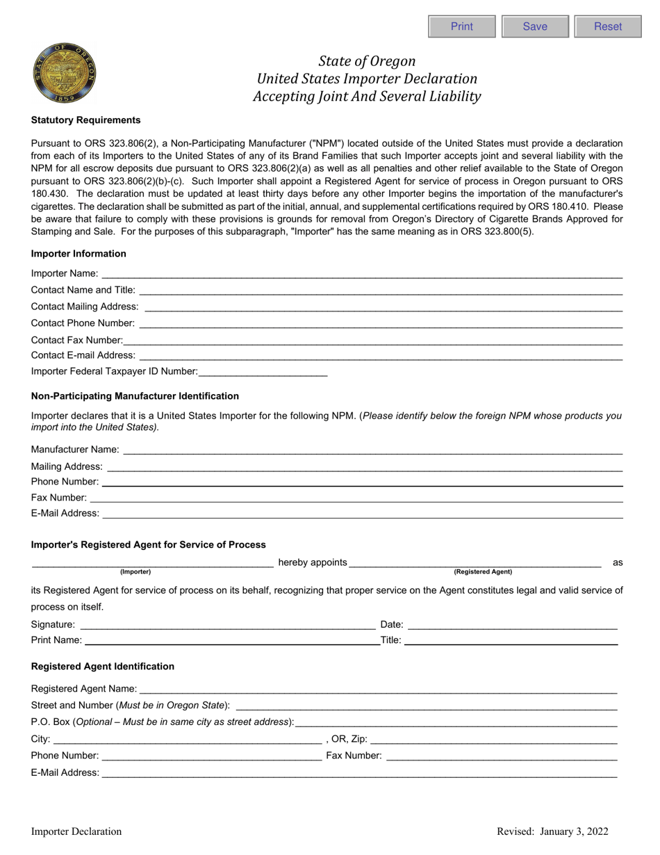 Oregon United States Importer Declaration Accepting Joint and Several ...