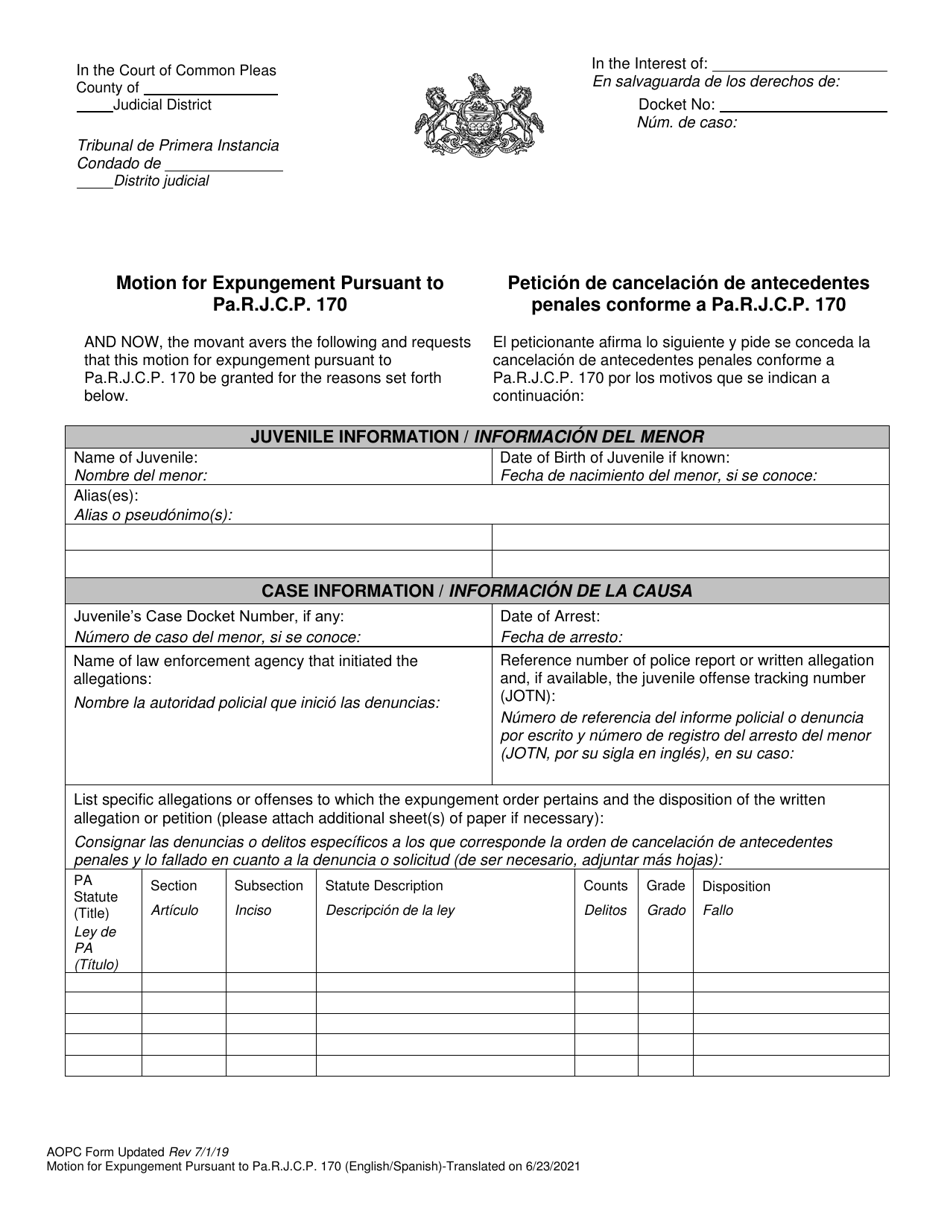Pennsylvania Motion for Expungement Pursuant to Pa.r.j.c.p. 170 ...