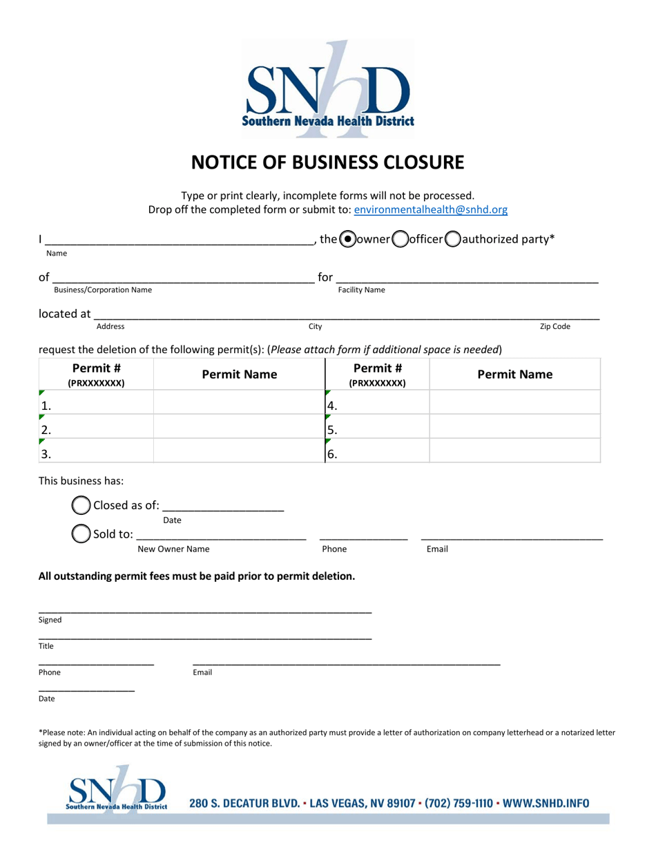 Nevada Notice of Business Closure - Fill Out, Sign Online and Download ...