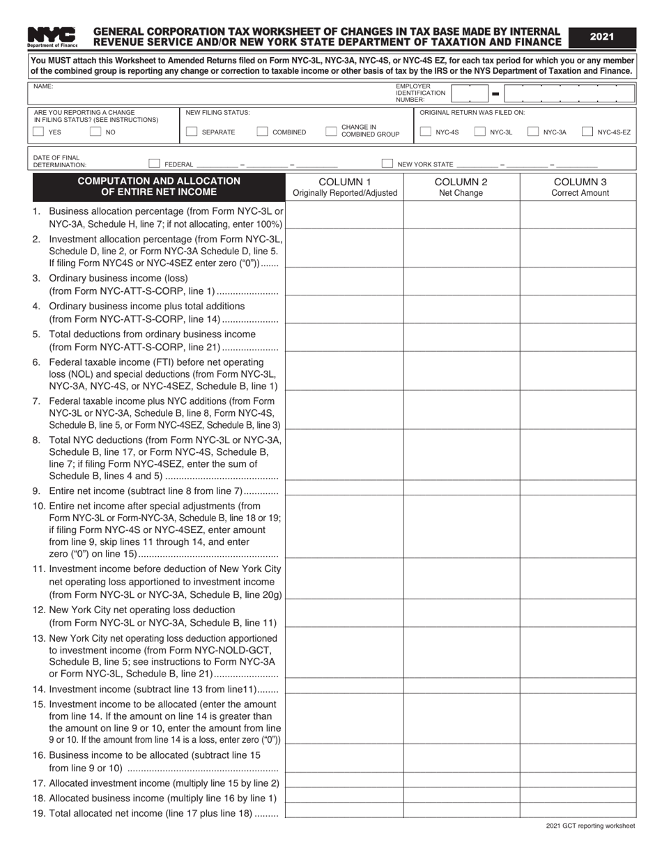2021 New York City General Corporation Tax Worksheet of Changes in Tax ...