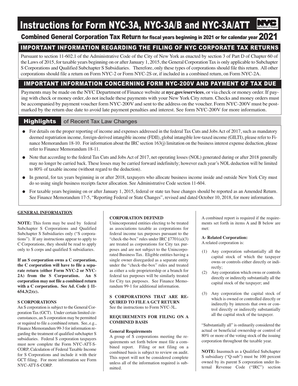 Download Instructions for Form NYC-3A, NYC-3A/B, NYC-3A/ATT PDF, 2021 ...