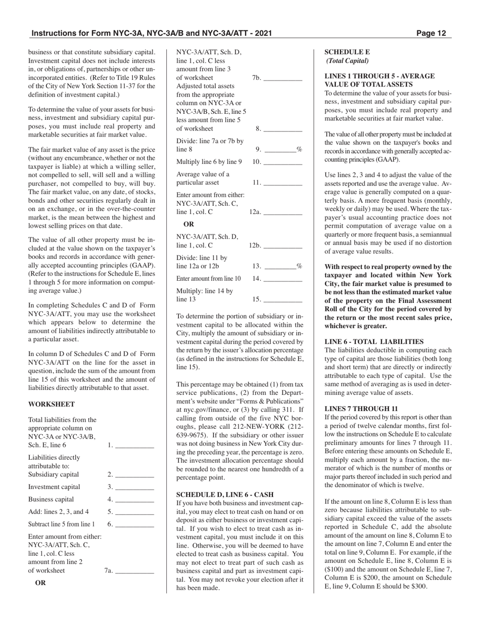 Download Instructions for Form NYC-3A, NYC-3A/B, NYC-3A/ATT PDF, 2021 ...