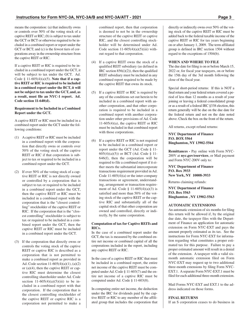 Download Instructions for Form NYC-3A, NYC-3A/B, NYC-3A/ATT PDF, 2021 | Templateroller