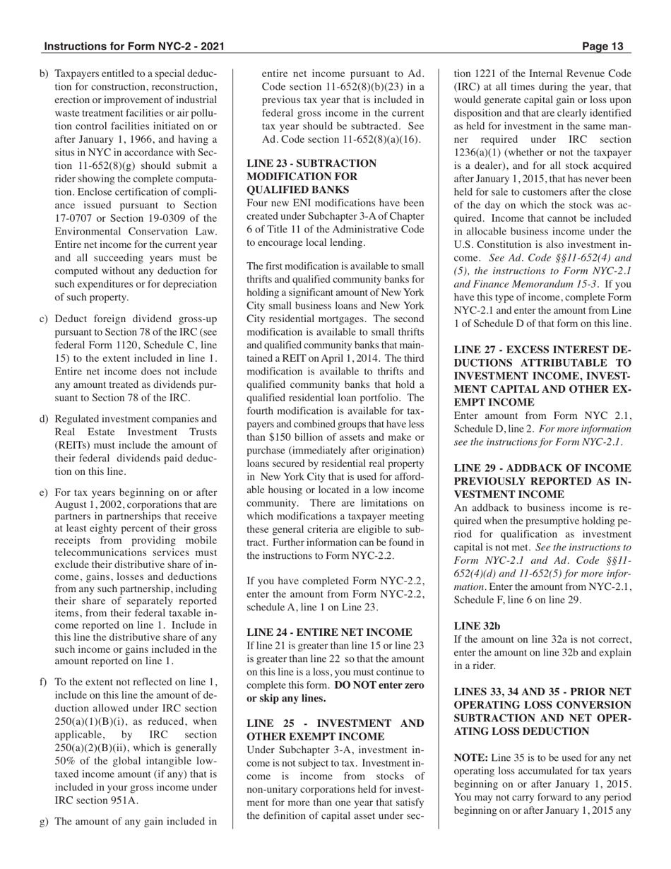 Download Instructions for Form NYC-2 Business Corporation Tax Return ...