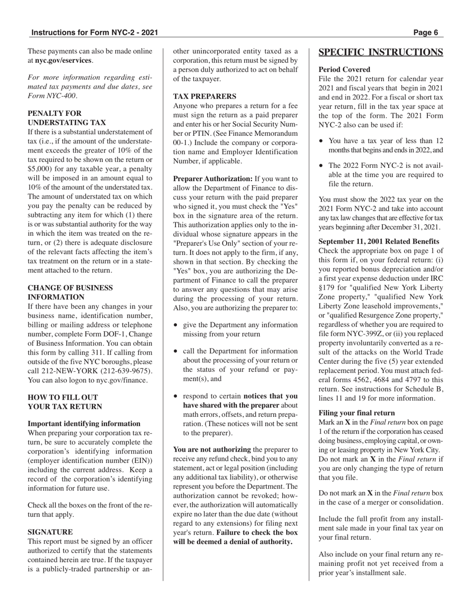 Download Instructions for Form NYC-2 Business Corporation Tax Return ...