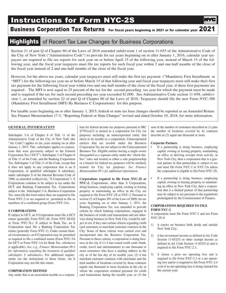 Download Instructions for Form NYC-2S Business Corporation Tax Return ...