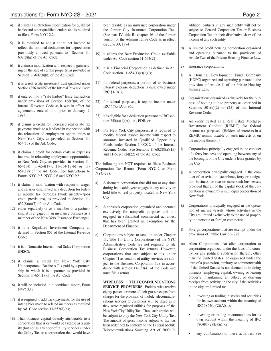 Download Instructions for Form NYC-2S Business Corporation Tax Return ...