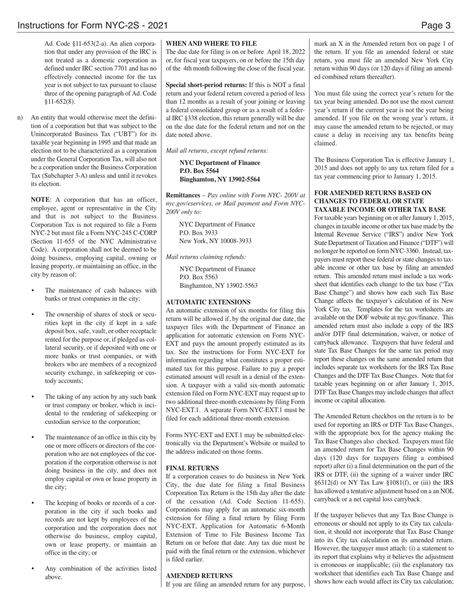 Download Instructions for Form NYC-2S Business Corporation Tax Return ...