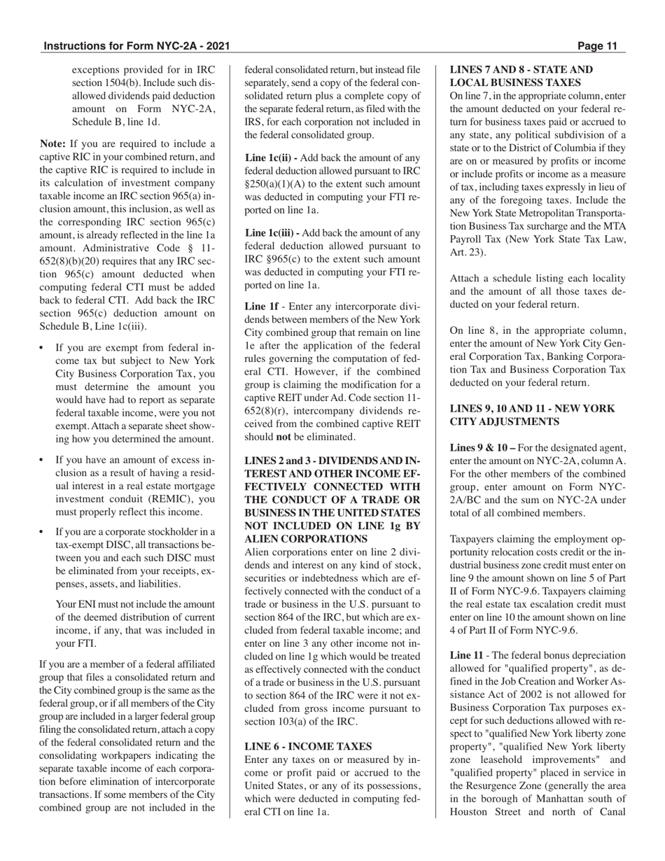 Download Instructions for Form NYC-2A Combined Business Corporation Tax ...