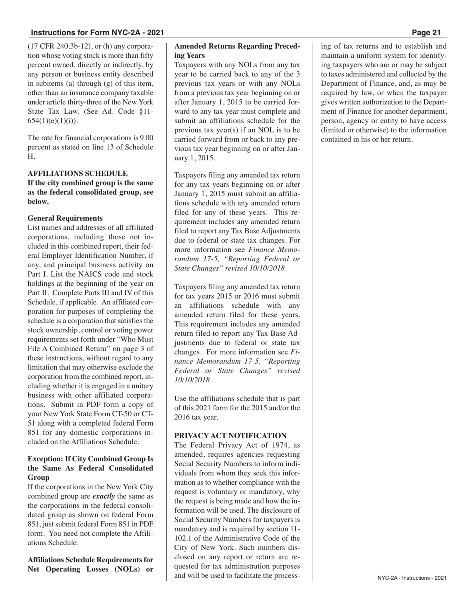 Download Instructions for Form NYC-2A Combined Business Corporation Tax ...