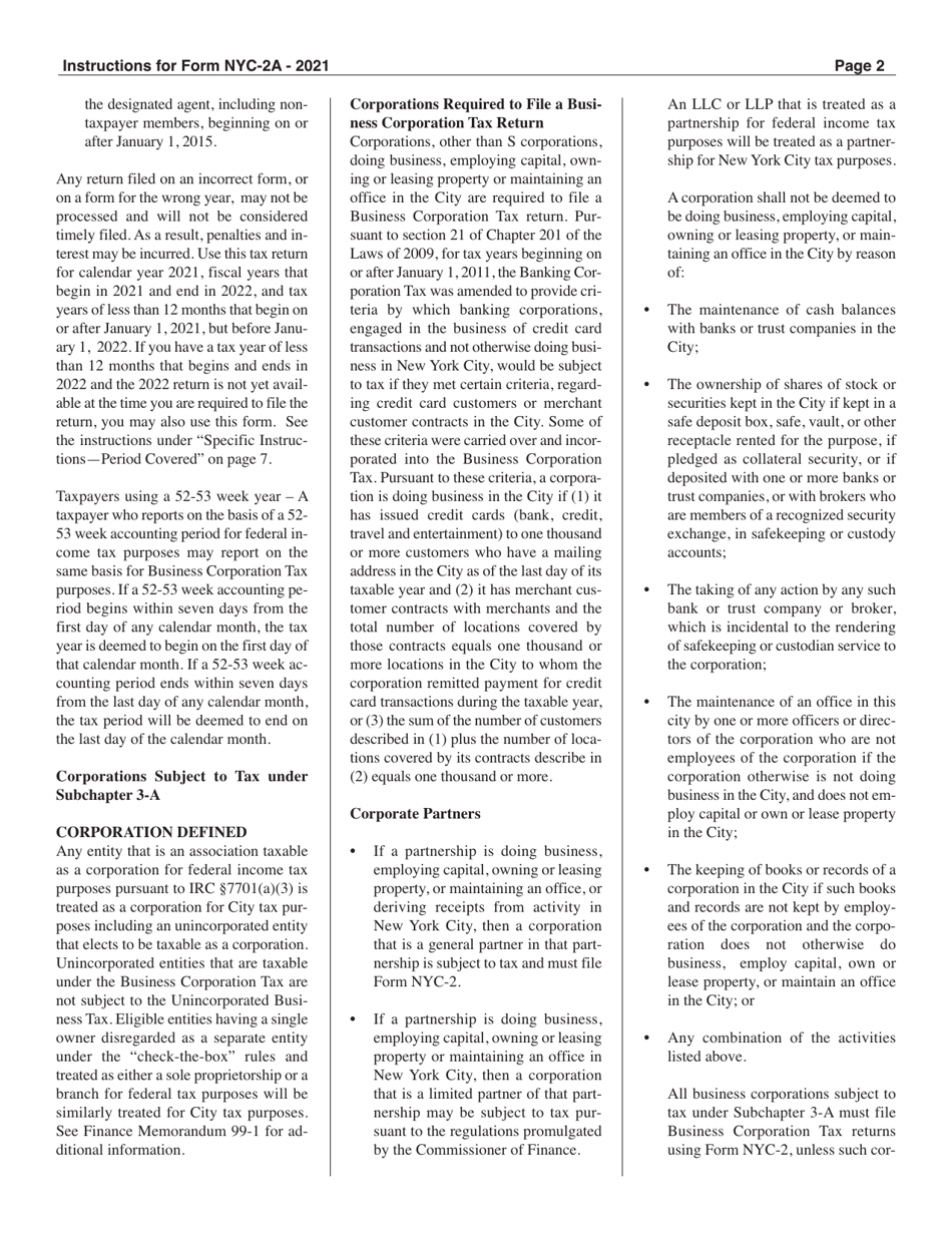 Download Instructions for Form NYC-2A Combined Business Corporation Tax ...
