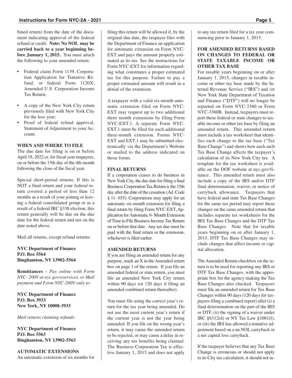 Download Instructions for Form NYC-2A Combined Business Corporation Tax ...