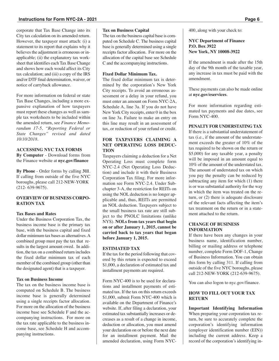 Download Instructions for Form NYC-2A Combined Business Corporation Tax ...