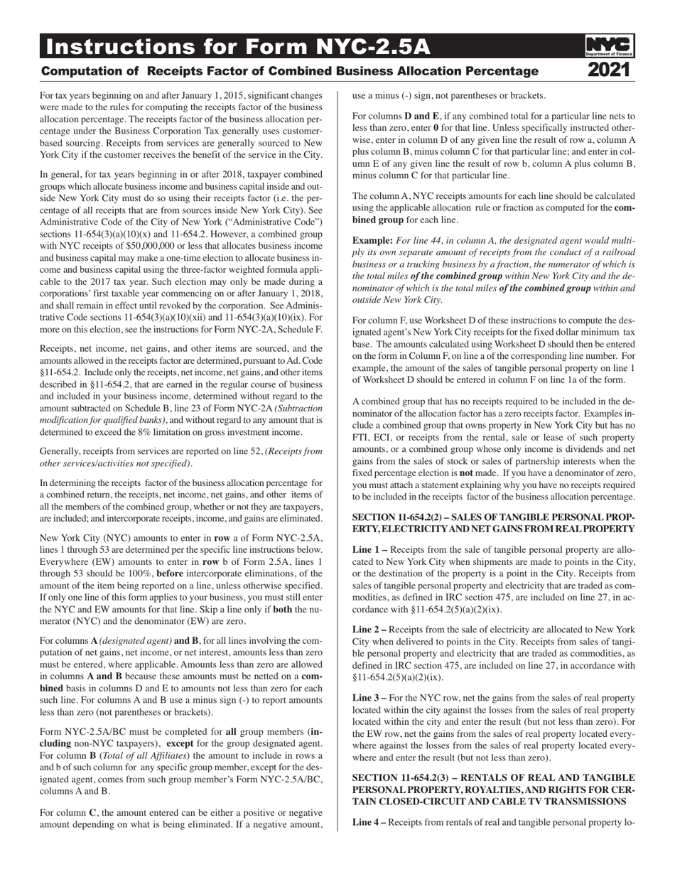 Download Instructions for Form NYC-2.5A Computation of Receipts Factor ...