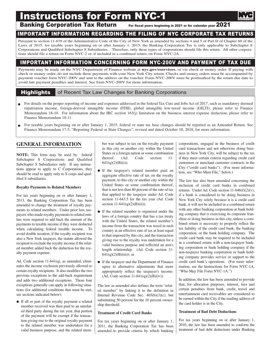 Download Instructions for Form NYC-1 Tax Return for Banking ...