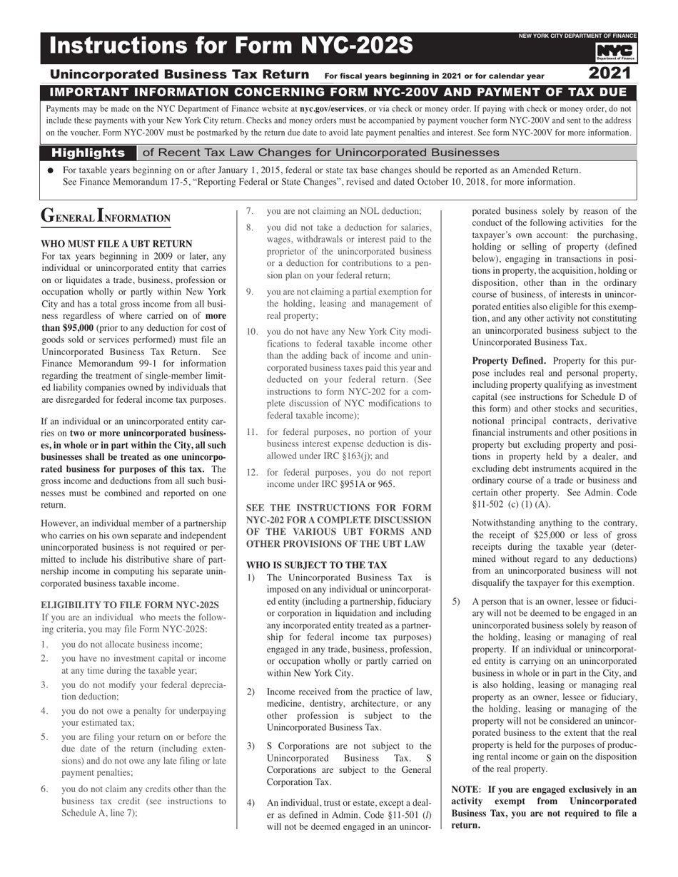 Download Instructions for Form NYC-202S Unincorporated Business Tax ...