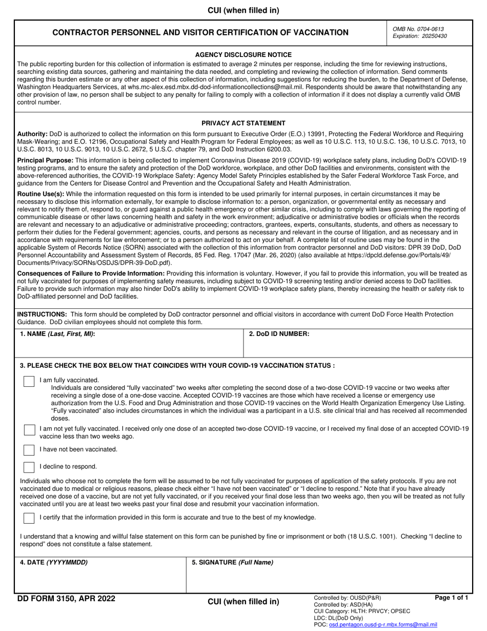 DD Form 3150 Download Fillable PDF or Fill Online Contractor Personnel ...