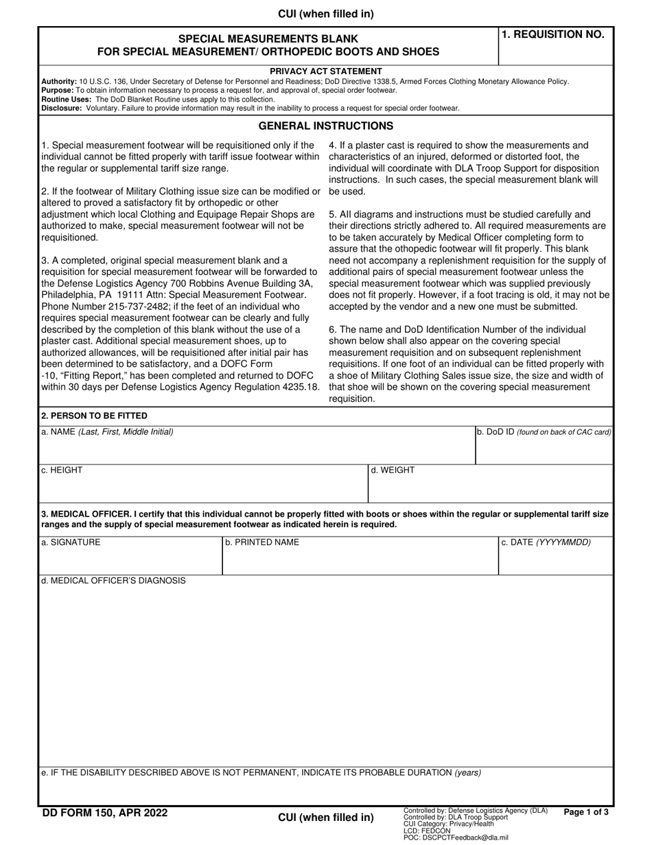 DD Form 150 Download Printable PDF or Fill Online Special Measurements ...