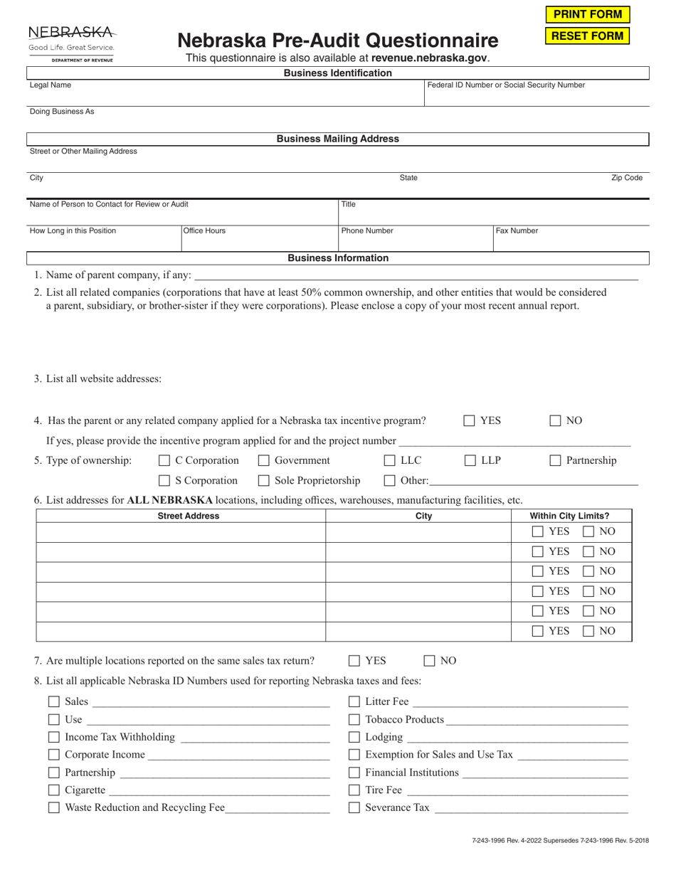 Nebraska Nebraska Pre-audit Questionnaire Download Printable PDF ...