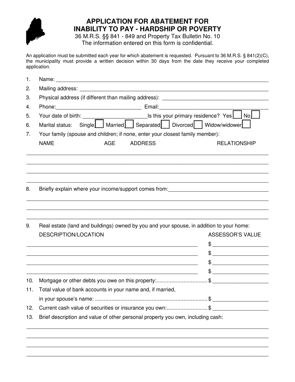 Maine Application for Abatement for Inability to Pay - Hardship or ...