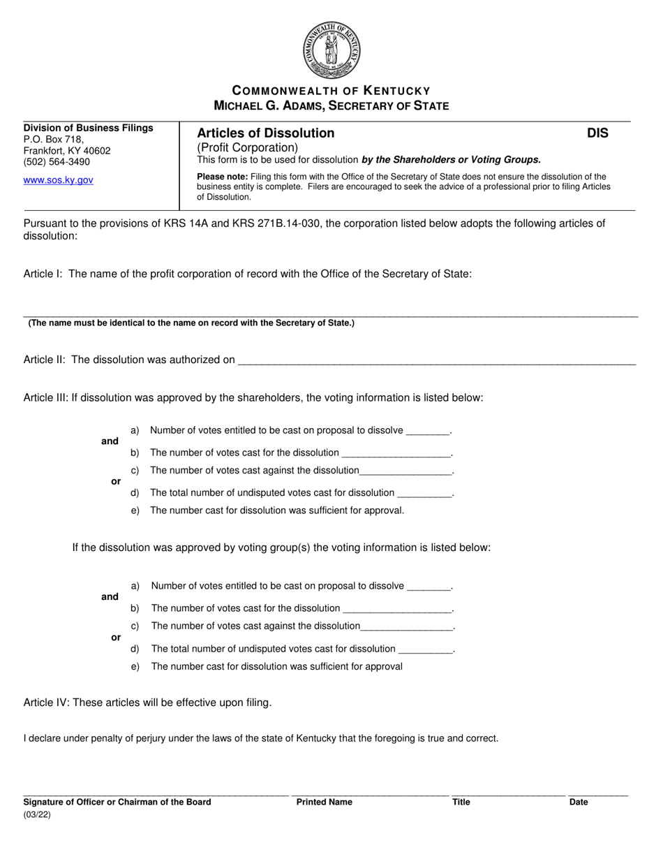 Form DIS Download Fillable PDF or Fill Online Articles of Dissolution ...