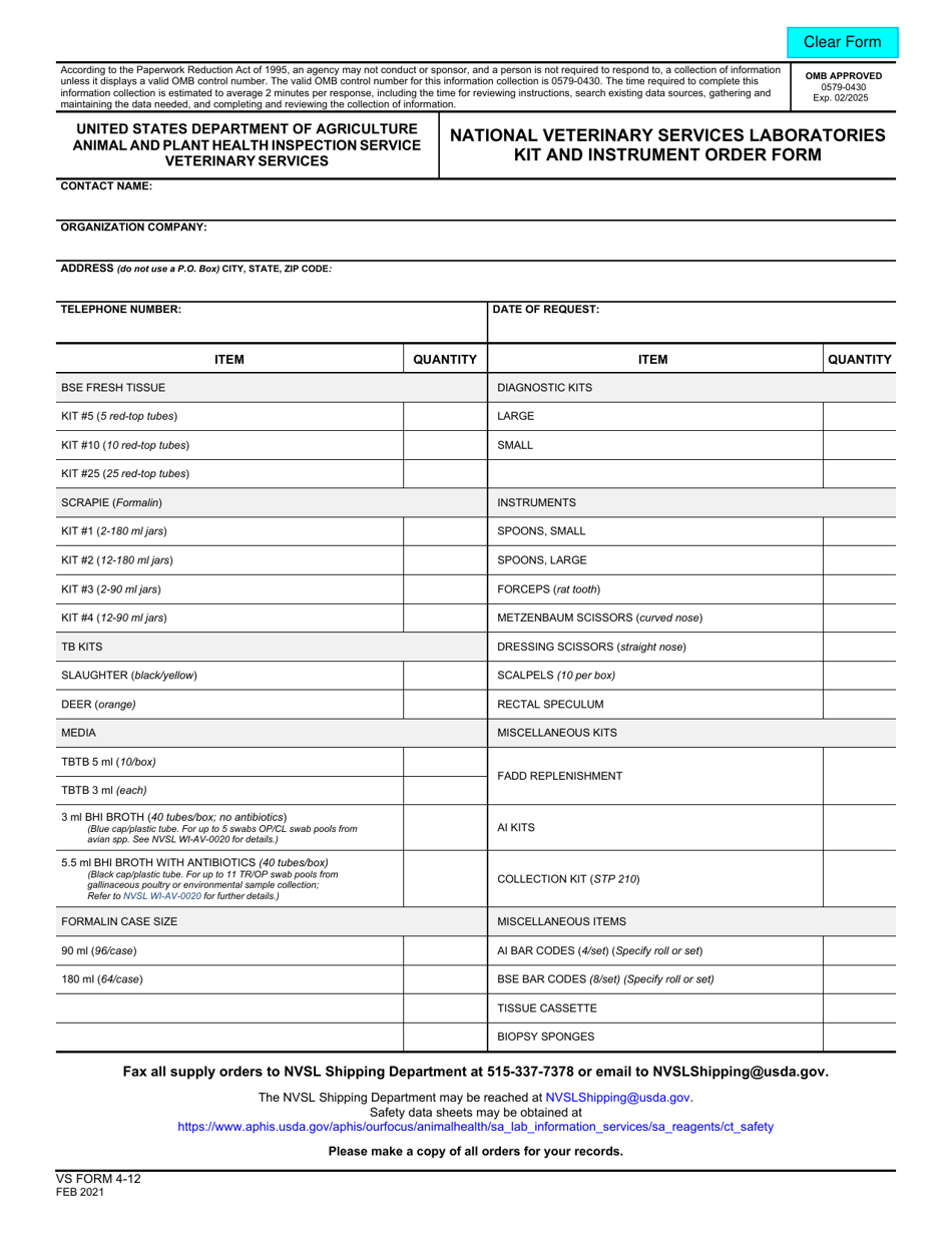 VS Form 4-12 Download Fillable PDF or Fill Online National Veterinary ...