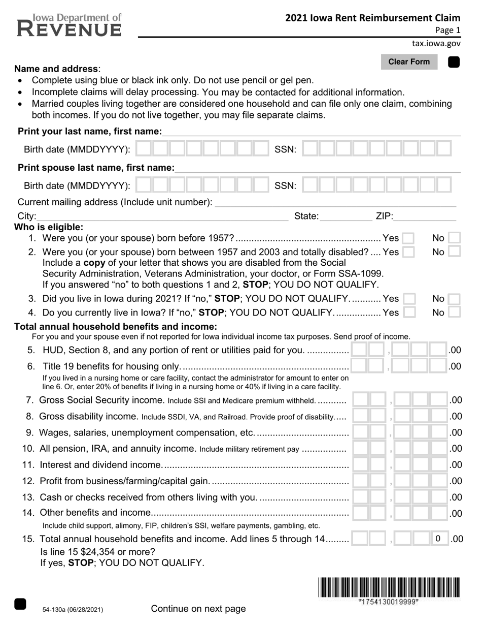 Form 54-130 Download Fillable PDF or Fill Online Iowa Rent ...