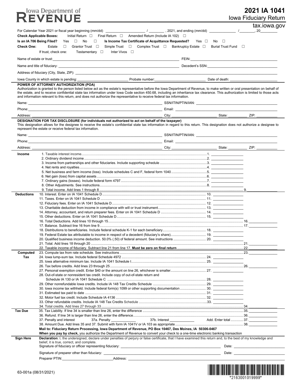 Form IA1041 (63-001) - 2021 - Fill Out, Sign Online and Download ...