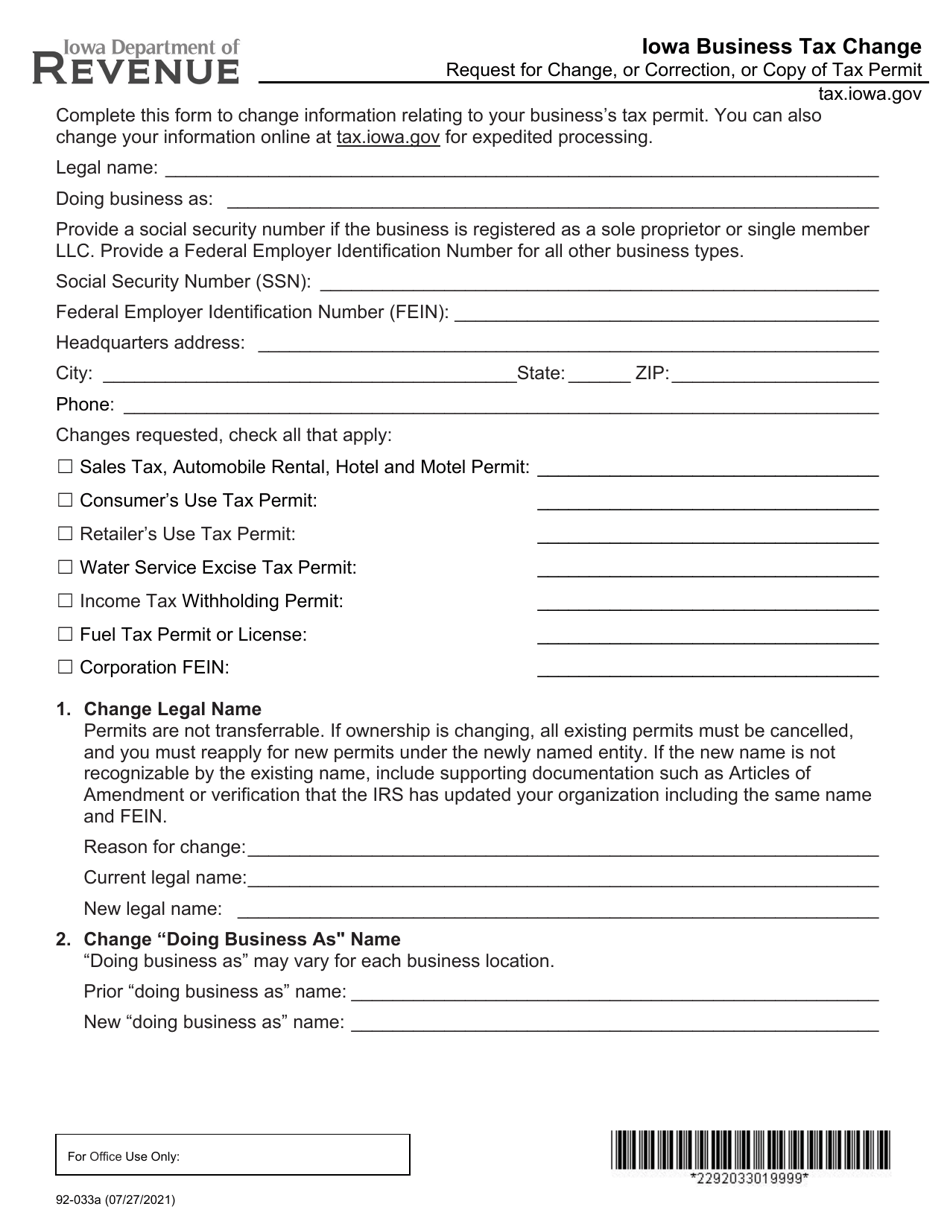 Form 92-033 - Fill Out, Sign Online and Download Fillable PDF, Iowa ...