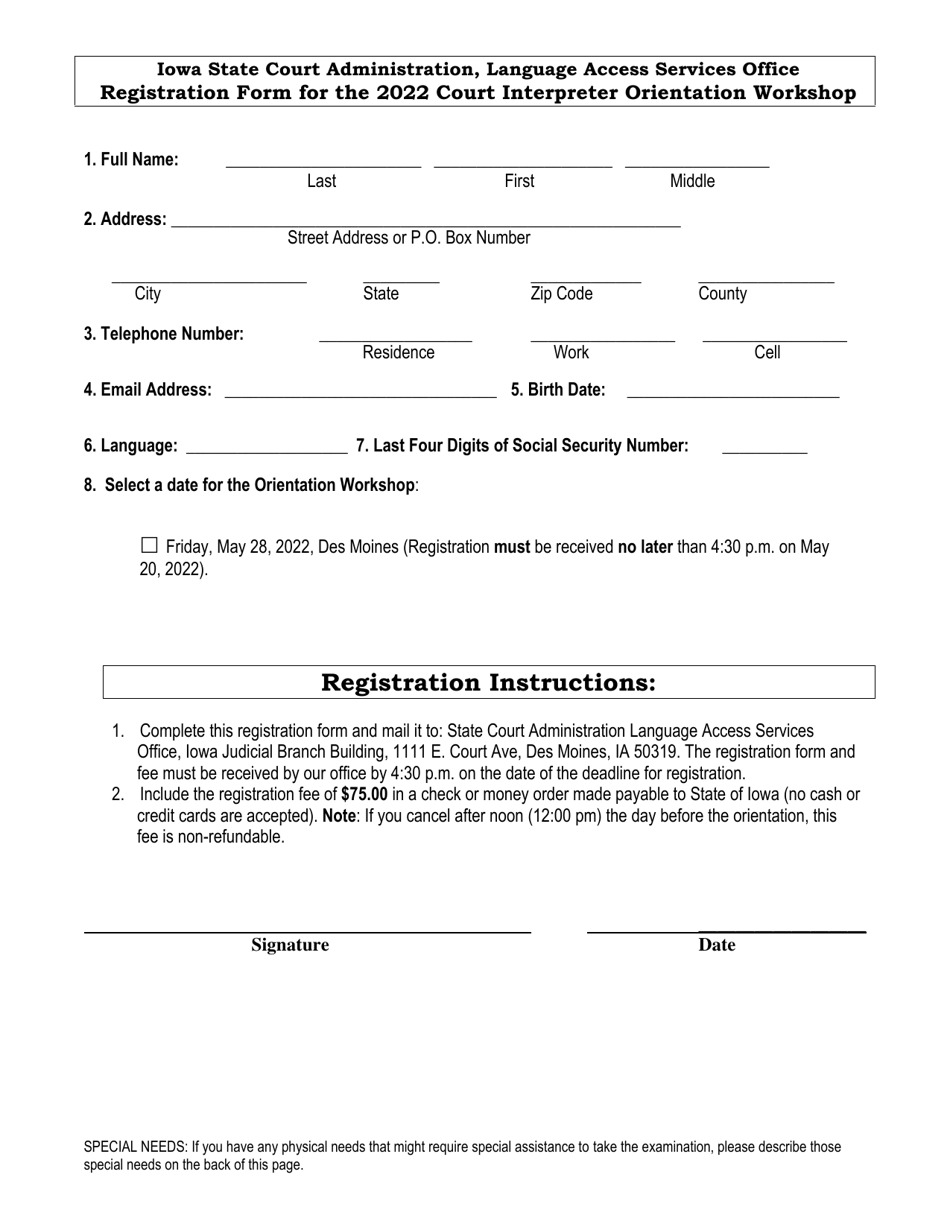 2022 Iowa Registration Form for the Court Interpreter Orientation ...