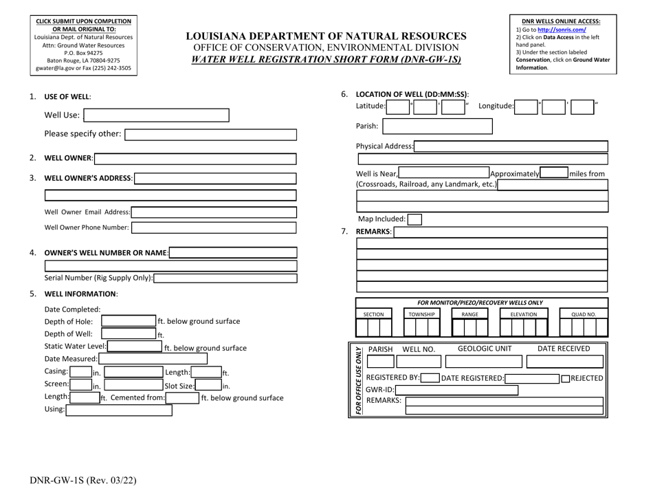 Form DNR-GW-1S Download Fillable PDF or Fill Online Water Well ...