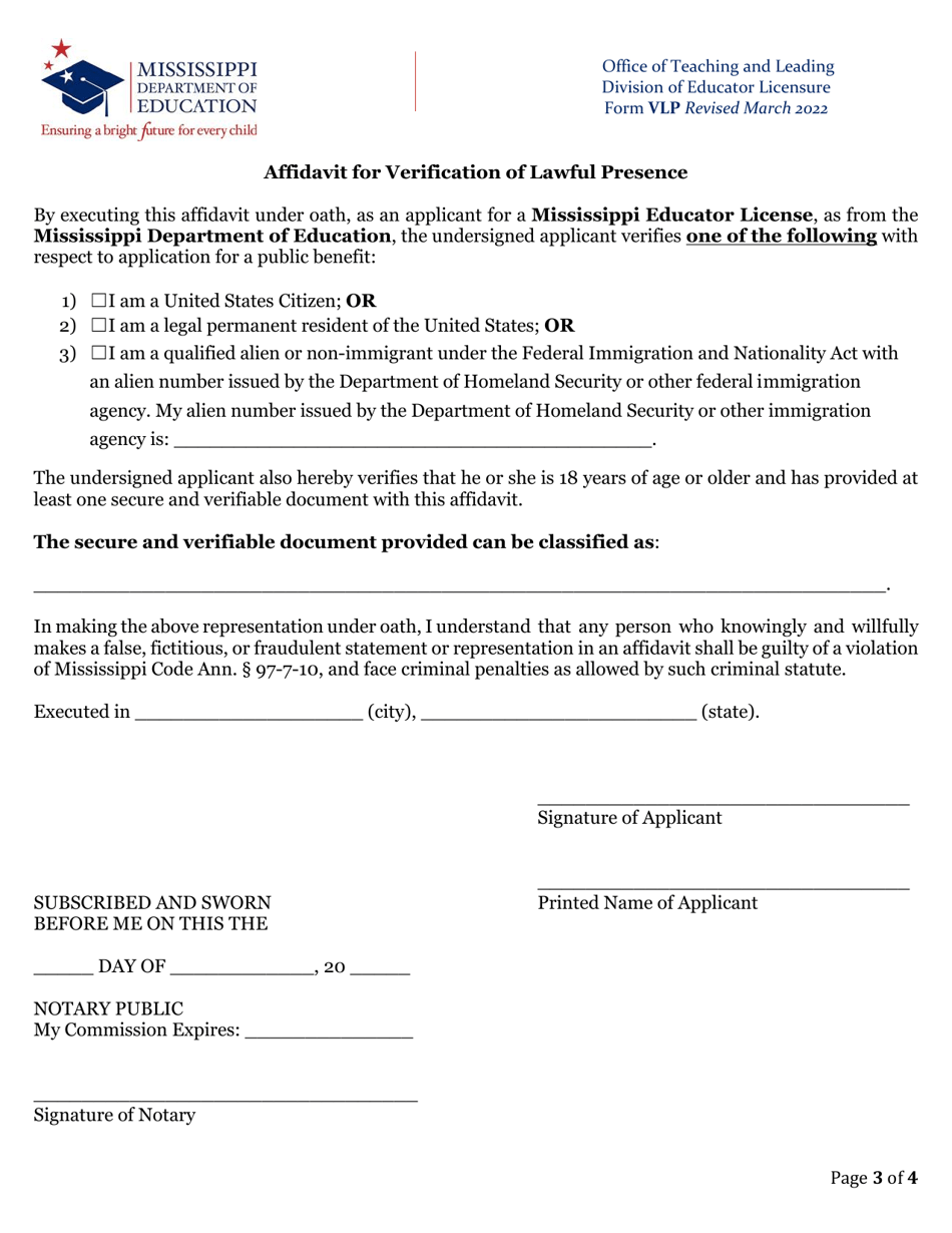 Mississippi Verification of Lawful Presence - Fill Out, Sign Online and Download PDF ...