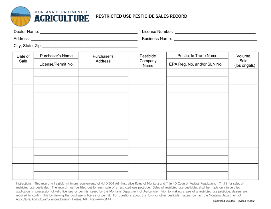 Montana Restricted Use Pesticide Sales Record - Fill Out, Sign Online ...
