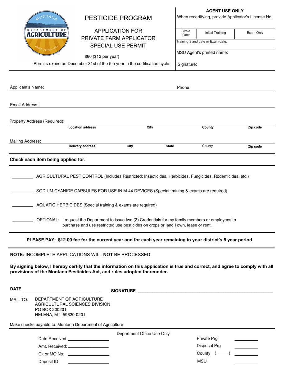 Montana Application for Private Farm Applicator Special Use Permit ...