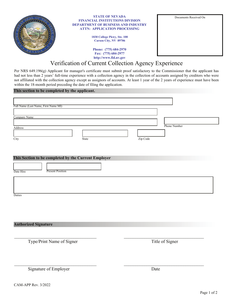 Form CAM-APP - Fill Out, Sign Online and Download Printable PDF, Nevada ...