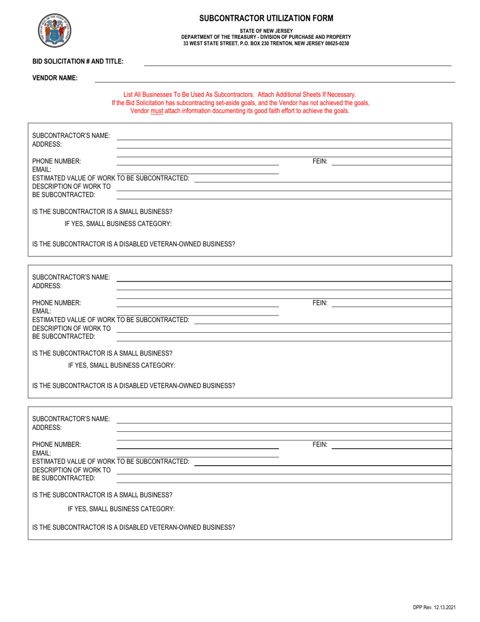 New Jersey Subcontractor Utilization Form Download Fillable PDF 2019 ...