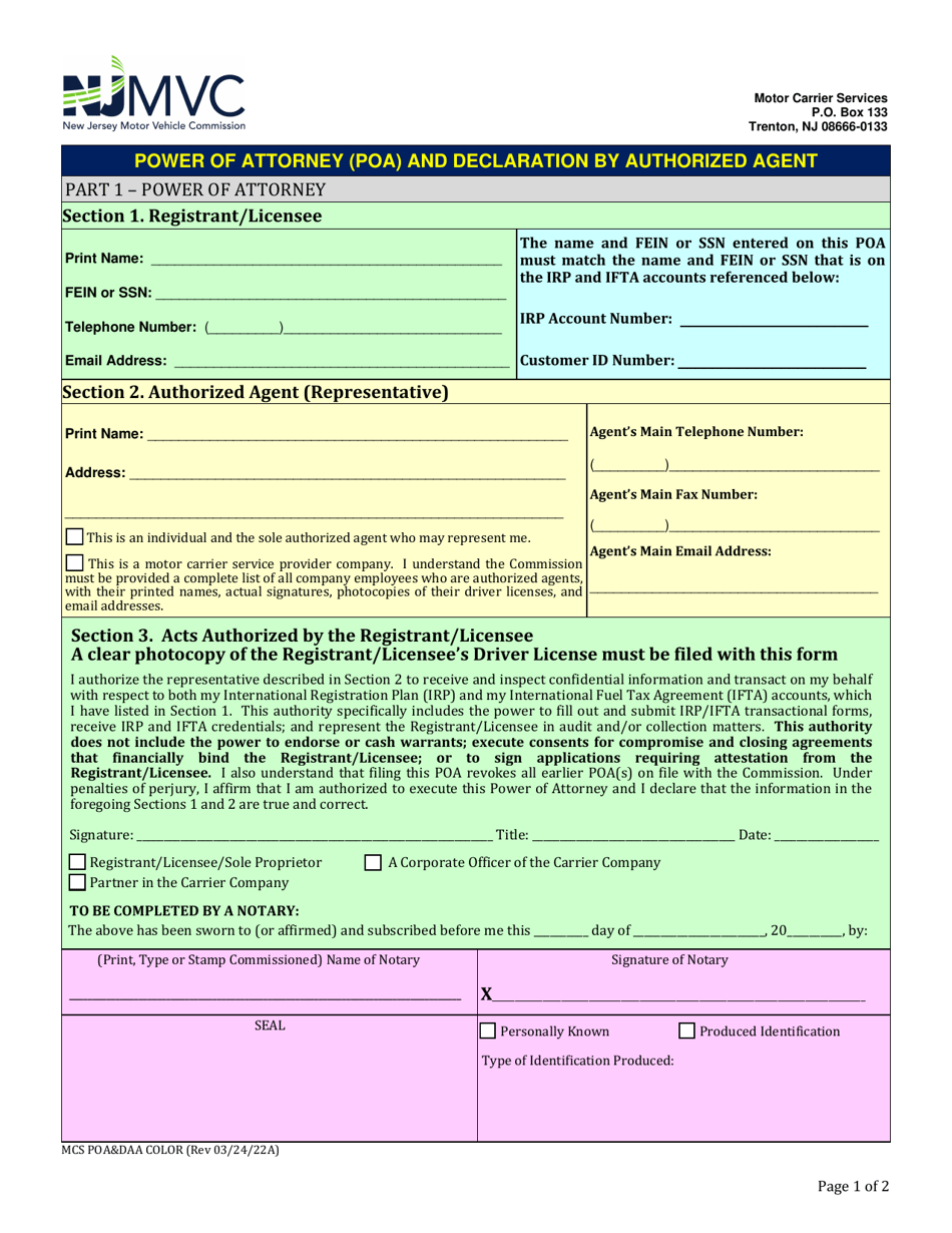 New Jersey Power of Attorney (Poa) and Declaration by Authorized Agent ...